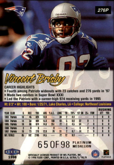 1998 Ultra Platinum Medallion #276P Vincent Brisby - NM-MT