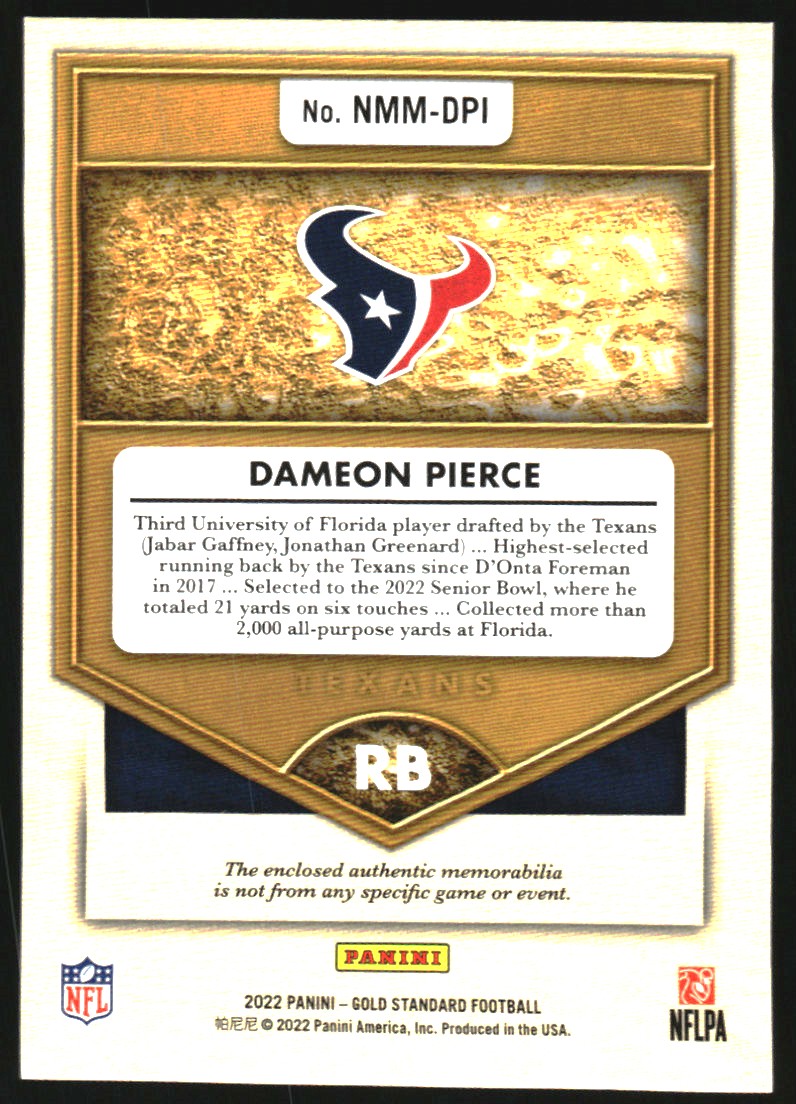 2022 Panini Gold Standard Newly Minted Memorabilia #35 Dameon Pierce ...