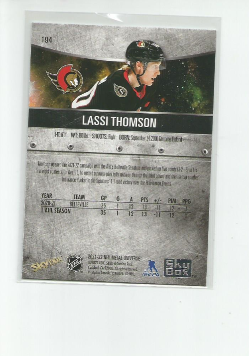2021-22 Metal Universe Blue Spectrum #194 Lassi Thomson - NM-MT - Big Mac Sportscards | Beckett ...