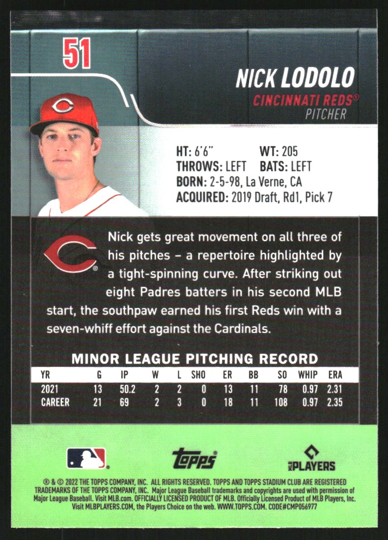 2022 Stadium Club Chrome #51 Nick Lodolo RC - NM-MT - Burbank ...