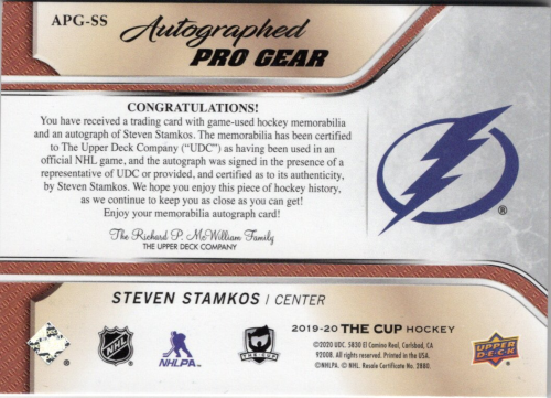 2019-20 The Cup Pro Gear Relic Autographs #APGSS Steven Stamkos ...