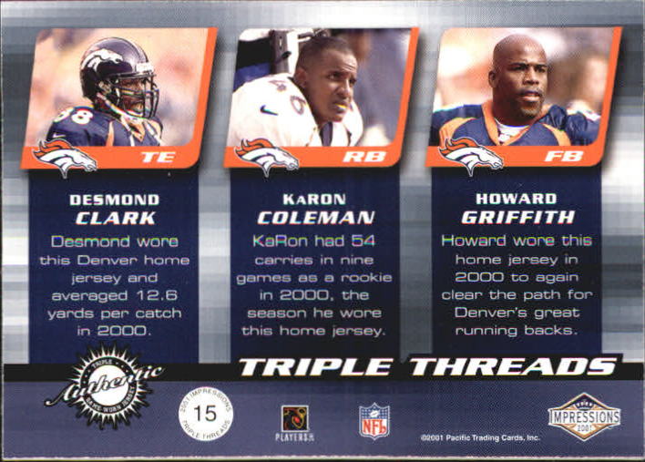 2001 Pacific Impressions Triple Threads #15 Desmond Clark/KaRon Coleman ...