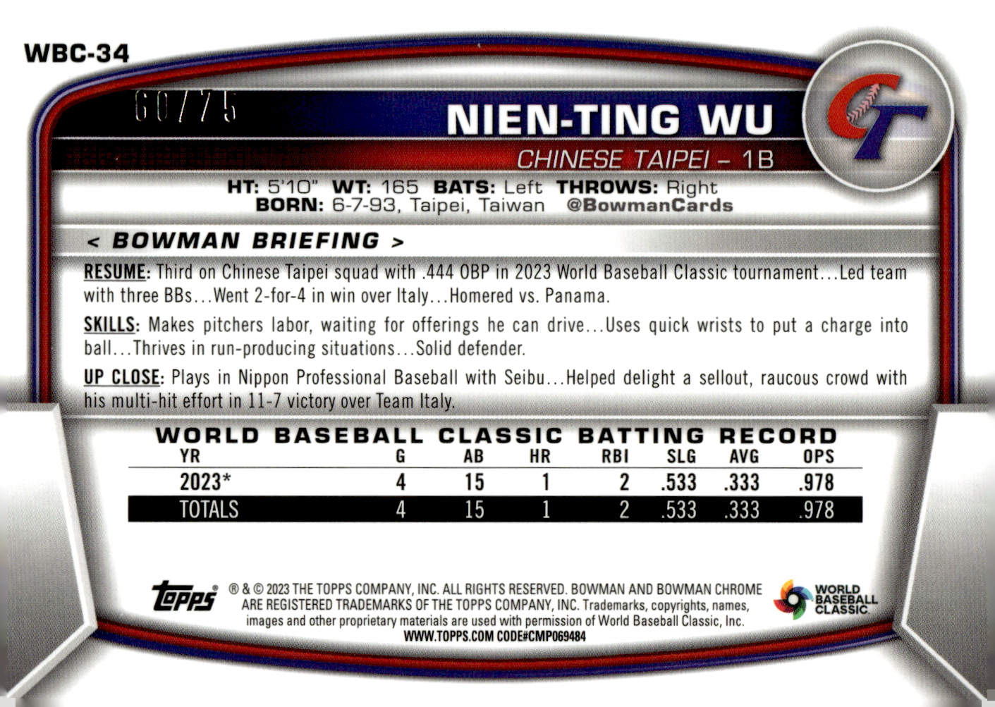 2023 Bowman Chrome WBC Flag Blue Refractors #WBC34 Nien-Ting Wu - NM-MT 2023 Bowman Chrome WBC Flag Blue Refractors #WBC34 Nien-Ting Wu - NM-MT