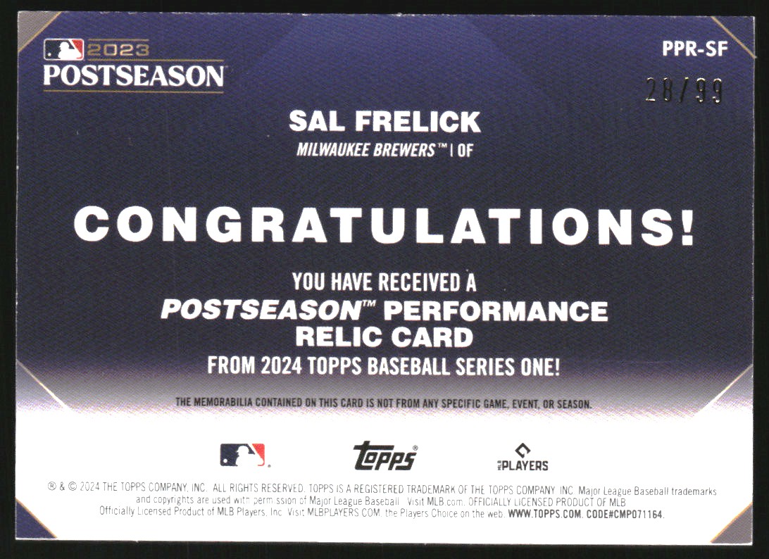 2024 Topps Postseason Performance Relics #PPRSF Sal Frelick - NM-MT