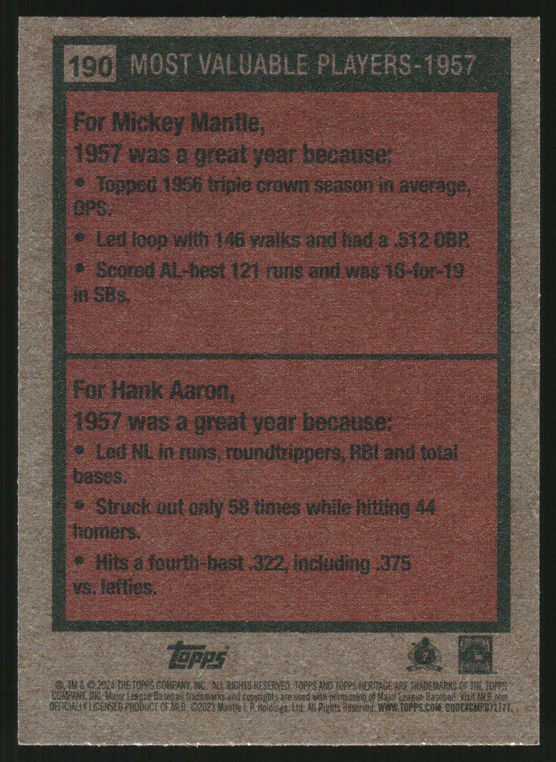 2024 Topps Heritage #190 Hank Aaron/Mickey Mantle MVP - NM-MT