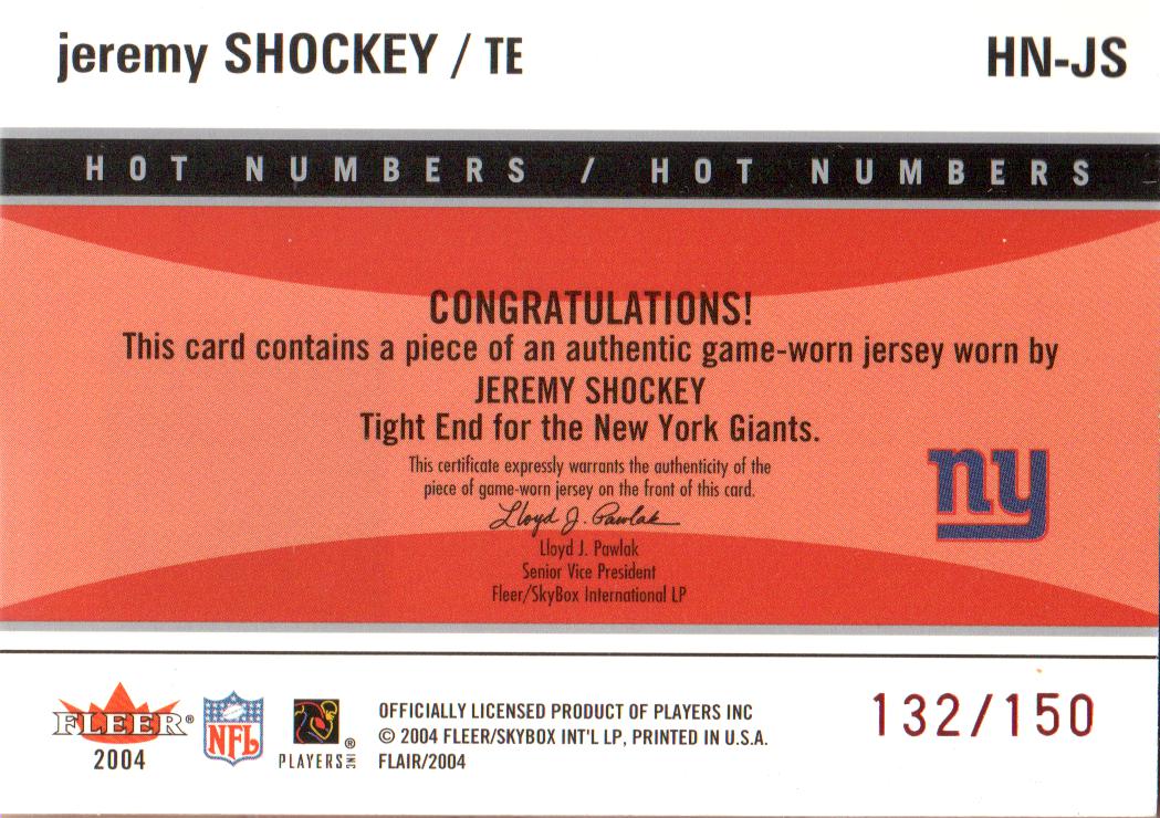 2004 Flair Hot Numbers Game Used Red #HNJS Jeremy Shockey - #'d /150 ...