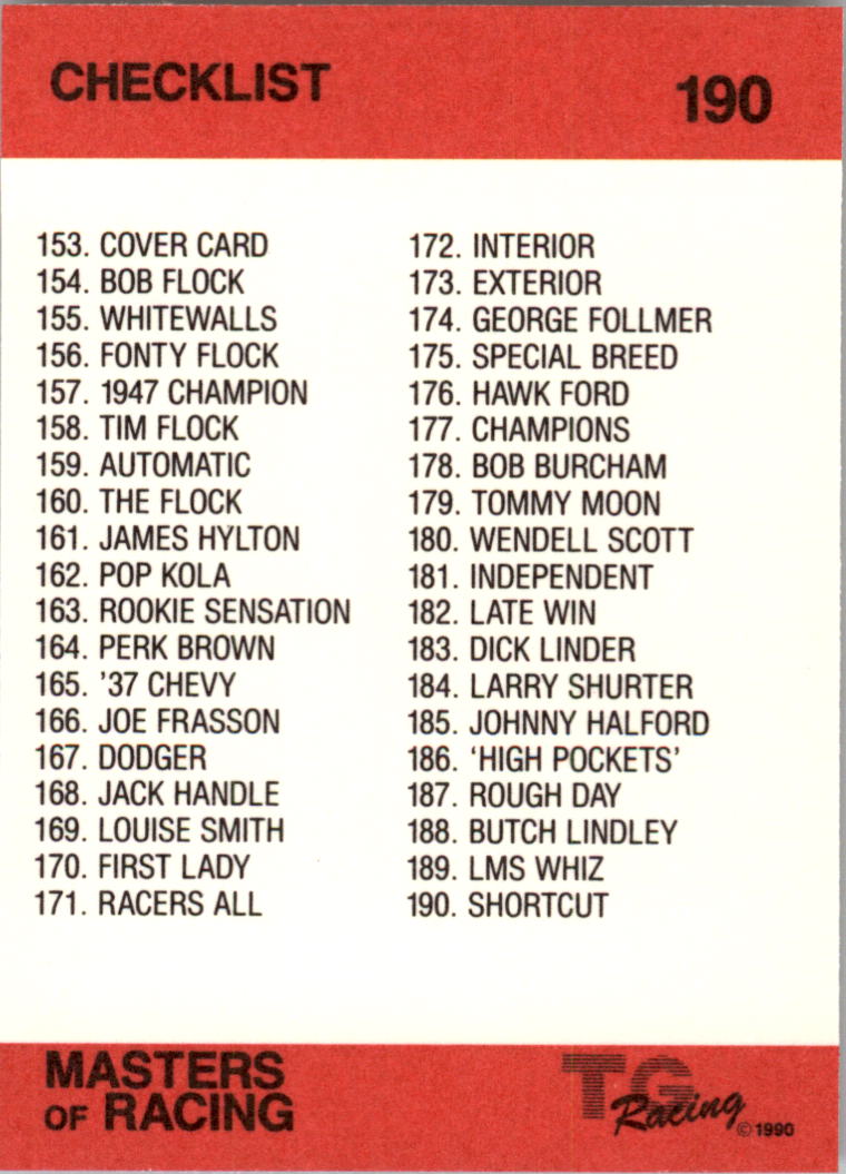 1989-90 TG Racing Masters of Racing #190 Checklist/Cards 153-190 - NM-MT