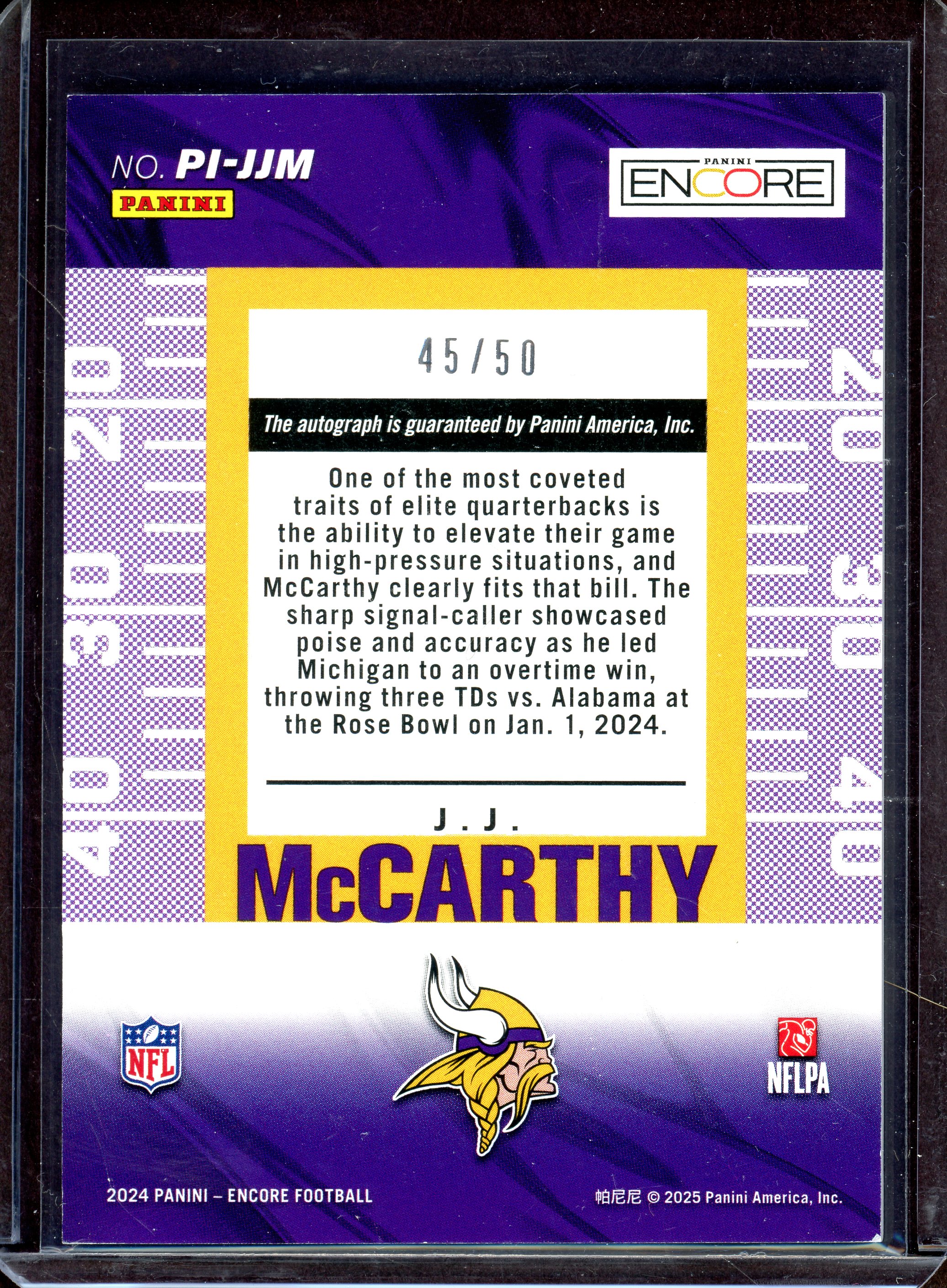 2024 Panini Encore Pinnacle Inscriptions Red #22 J.J. McCarthy - (#45/ ...