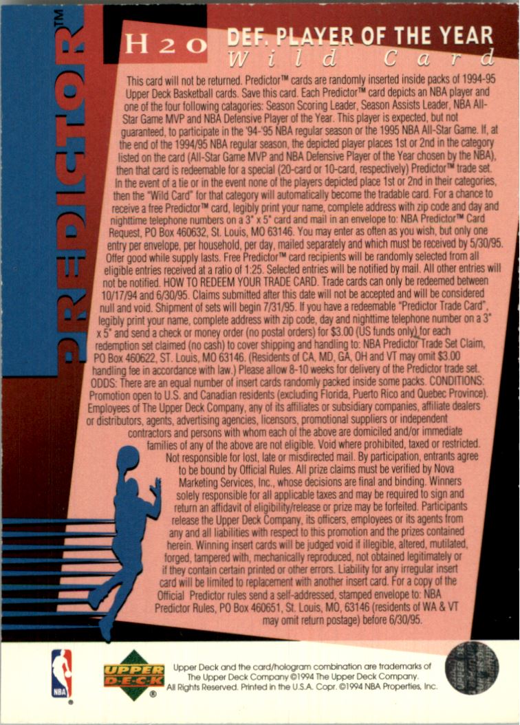 1994-95 Upper Deck Predictor Award Winners #H20 DEF-POY Wild Card W2 ...