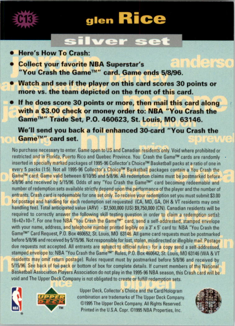 1995-96 Collector's Choice Crash the Game Scoring #C13B Glen Rice SAC W ...