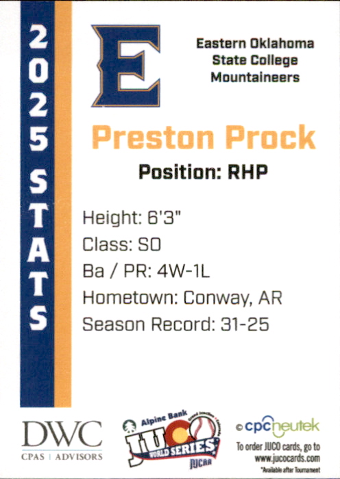 2025 Eastern Oklahoma State College Mountaineers Juco Cards #20 Preston ...