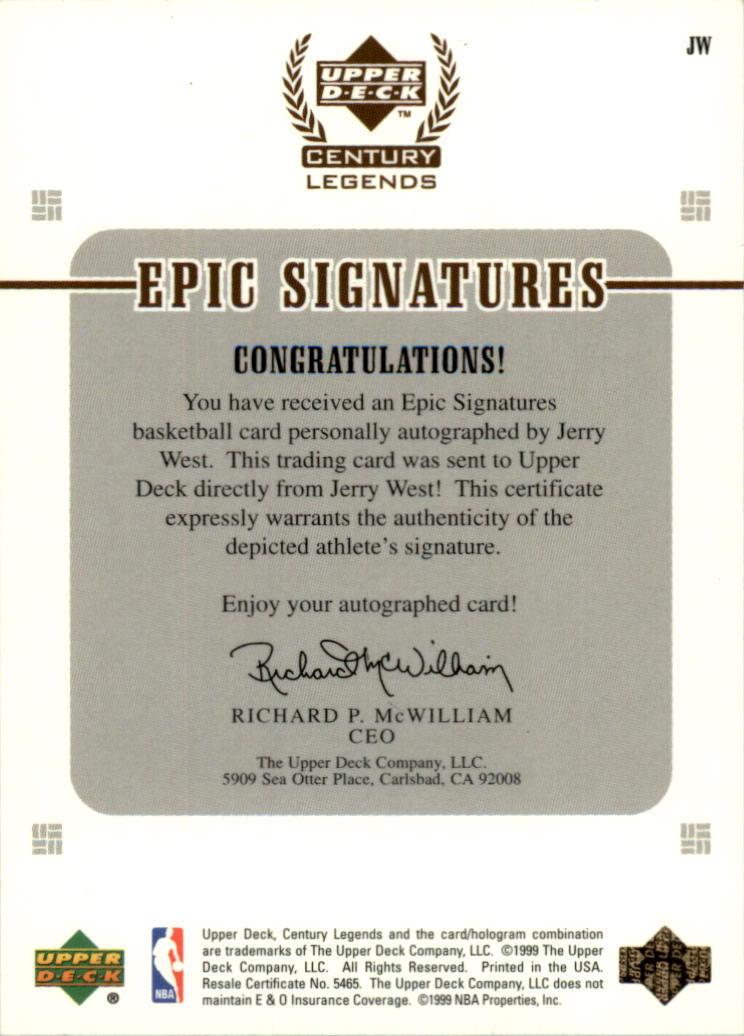 1999 Upper Deck Century Legends Epic Signatures #JW Jerry West - NM-MT