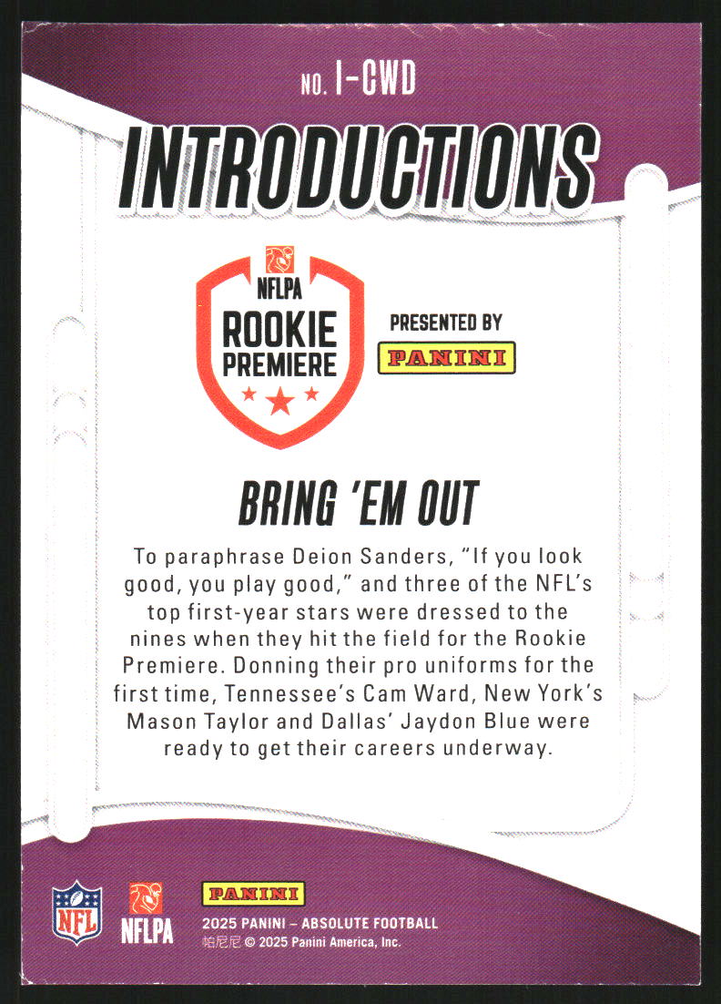 2025 Absolute Introductions #1 Cam Ward/Mason Taylor/Jaydon Blue/Bring ...