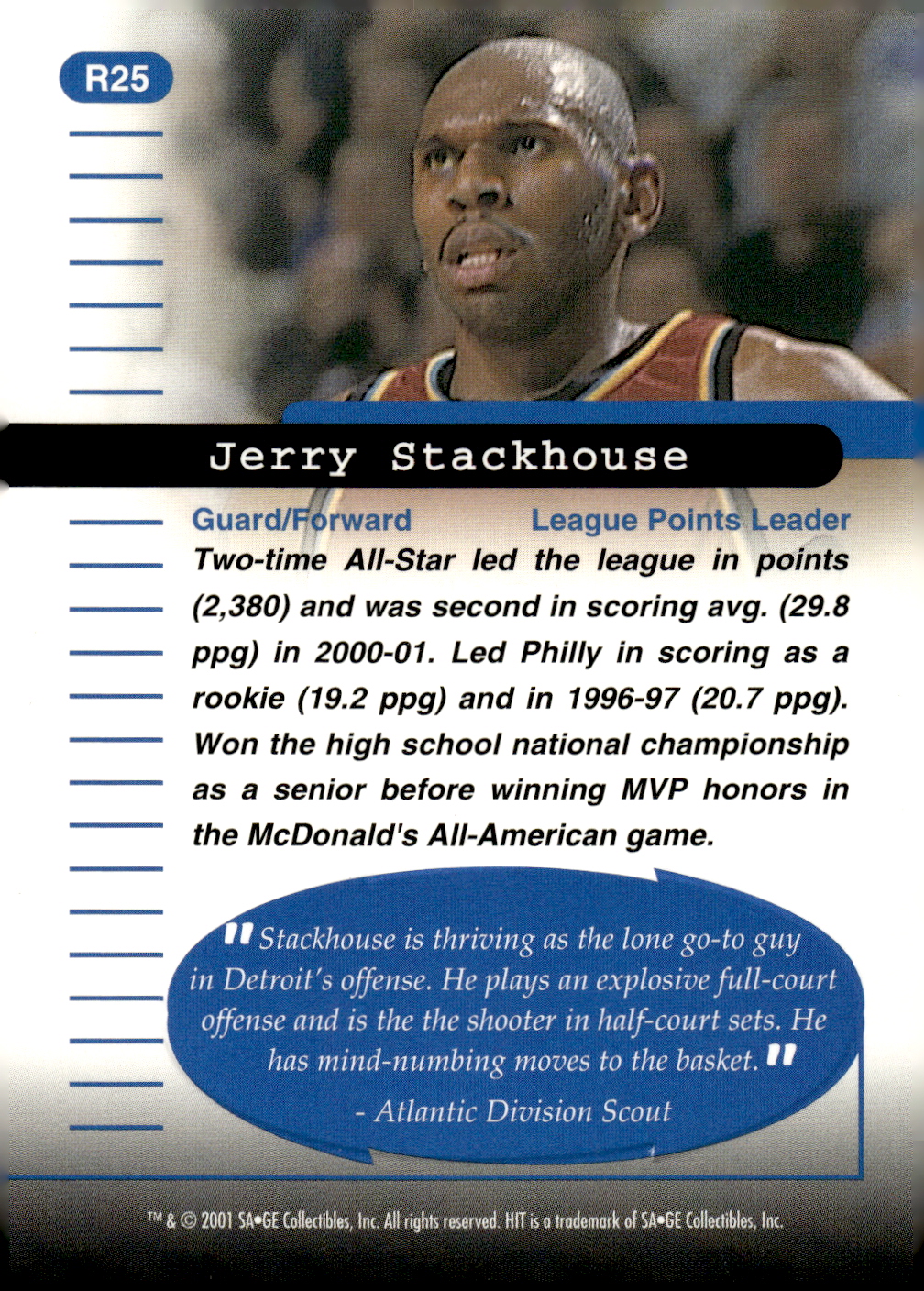 2001 SAGE HIT Rarefied Silver #R25 Jerry Stackhouse - NM-MT+