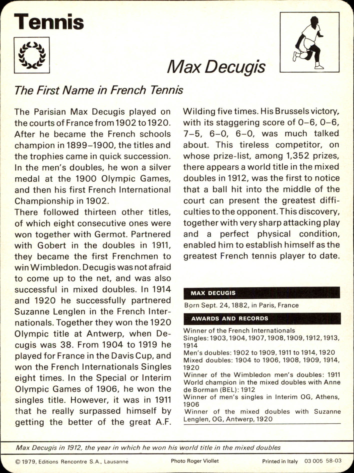 1977-79 Sportscaster Series 58 #5803 Max Decugis - . Oversized. - NM-MT