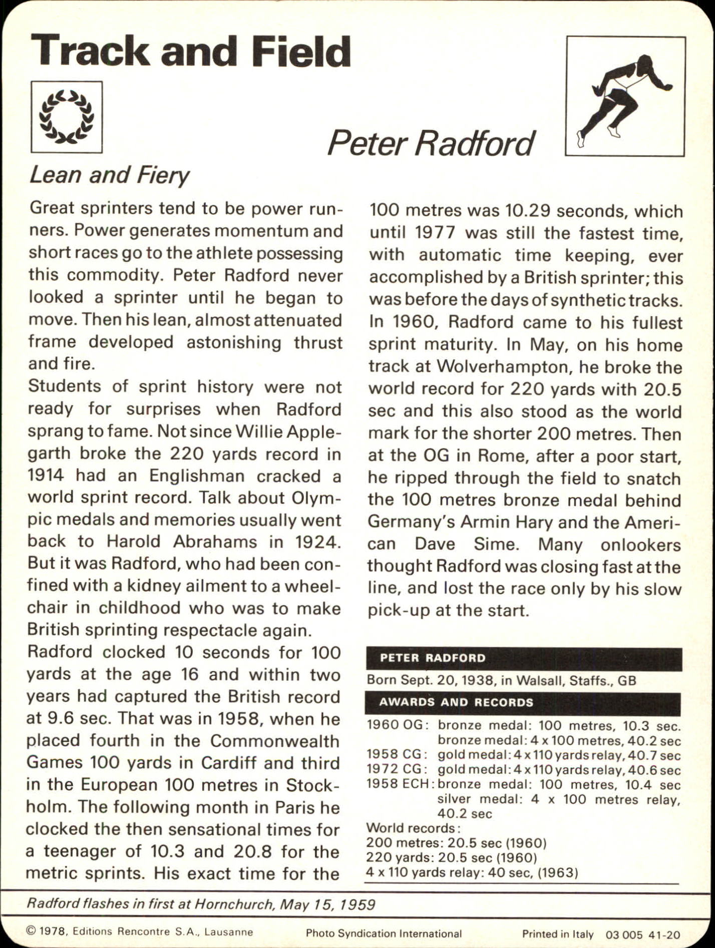 1977-79 Sportscaster Series 41 #4120 Peter Radford - . Oversized. - NM-MT