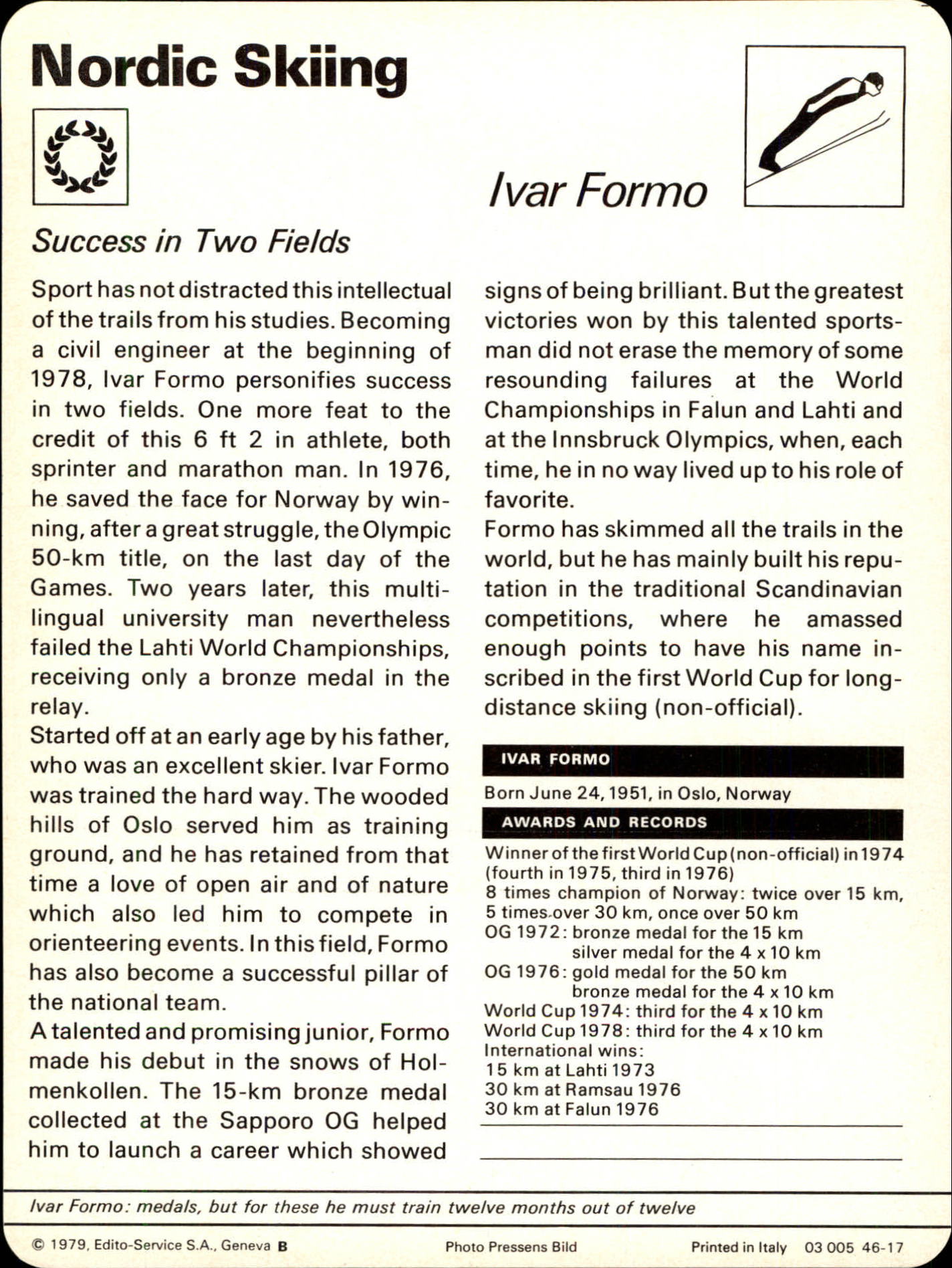 1977-79 Sportscaster Series 46 #4617 Ivar Formo - . Oversized. - NM-MT