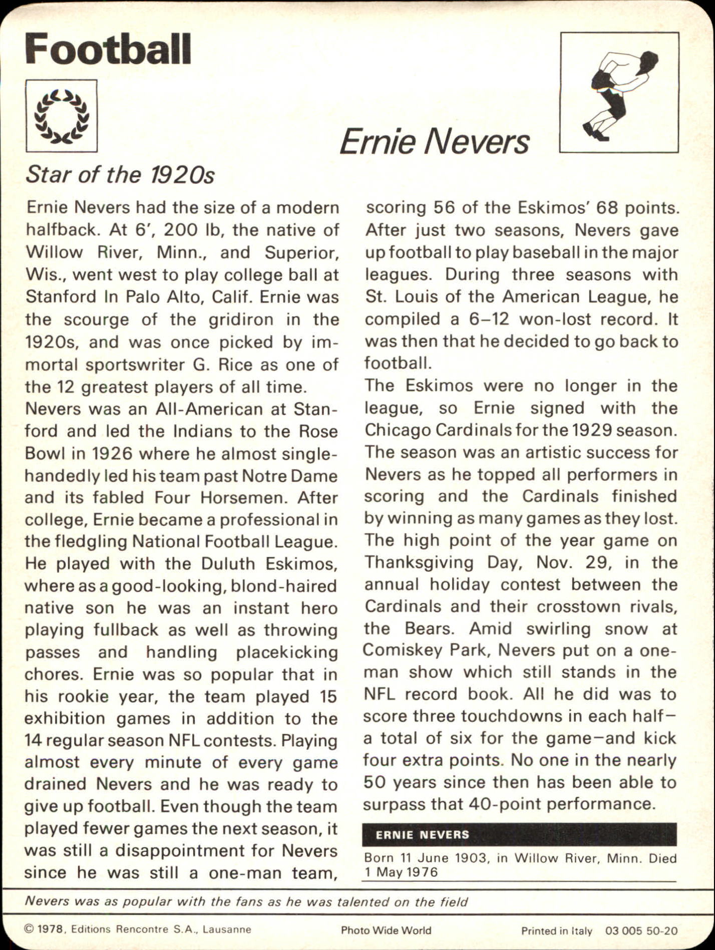 1977-79 Sportscaster Series 50 #5020 Ernie Nevers - . Oversized. - NM-MT