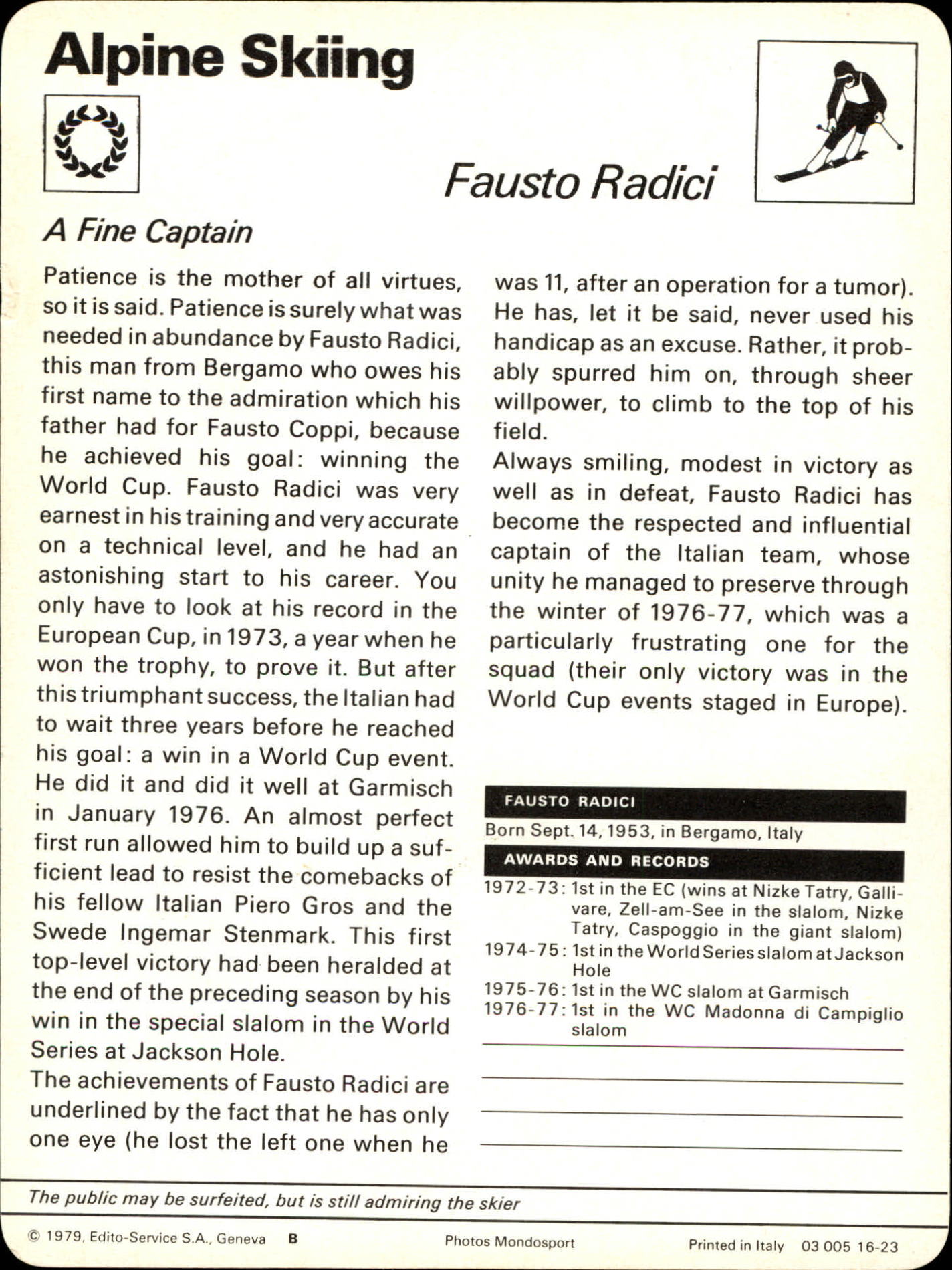 1977-79 Sportscaster Series 16 #1623 Fausto Radici - . Oversized. - NM-MT