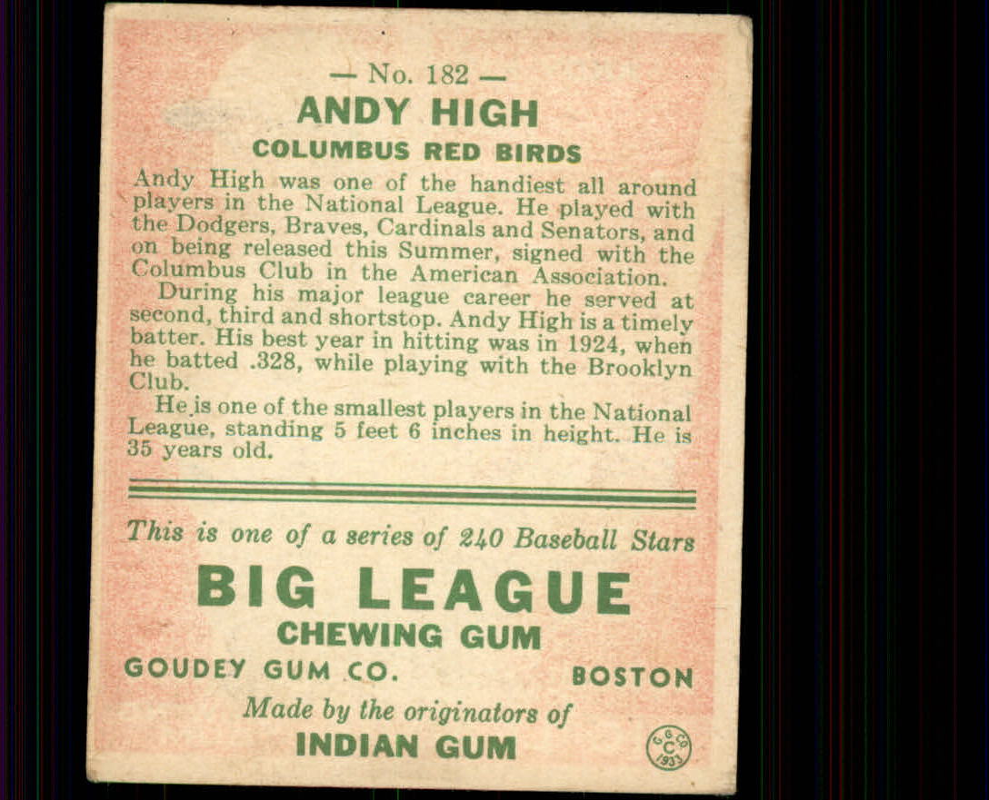 1933 Goudey #182 Andy High RC - VG - Card Shack | Beckett Marketplace