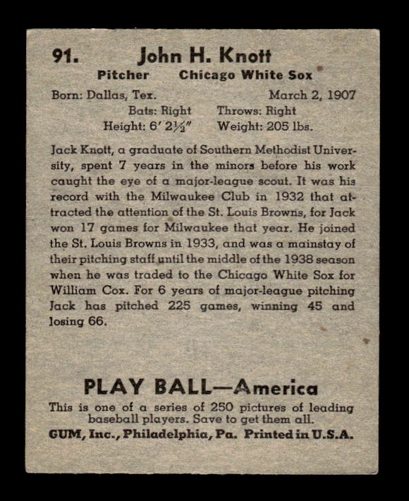 1939 Play Ball #91 John Knott RC - EX