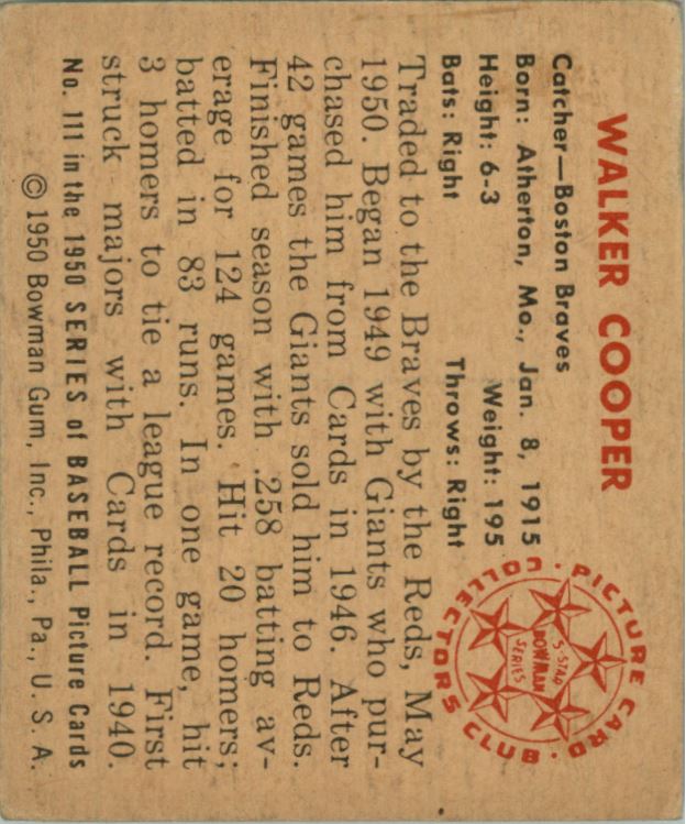 1950 Bowman #111 Walker Cooper - VG