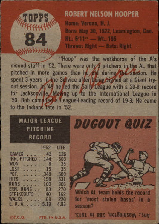 1953 Topps #84 Bob Hooper DP - EX