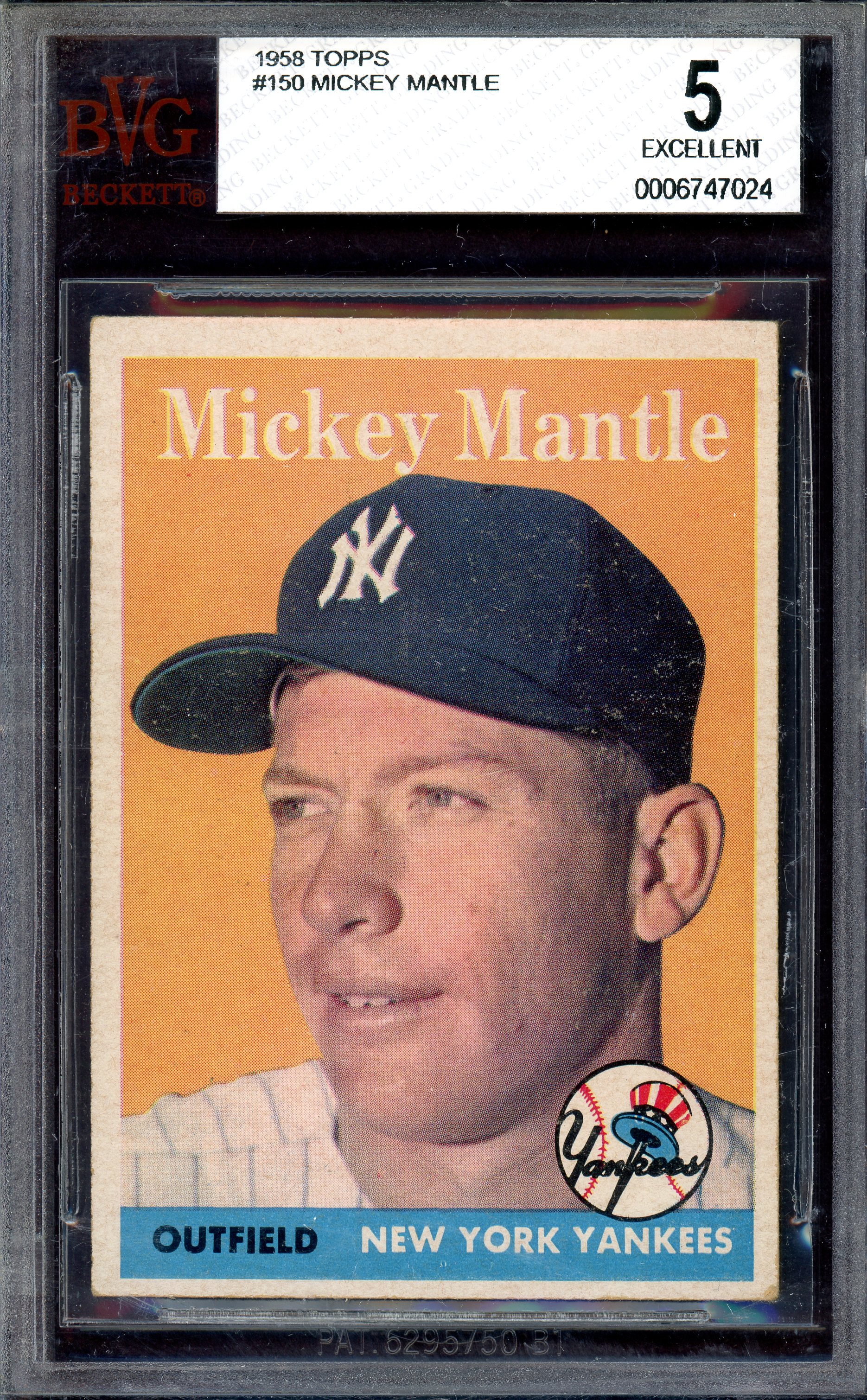 1958 Topps #150 Mickey Mantle - GRADED BVG 5 EXCELLENT - Ex (5)