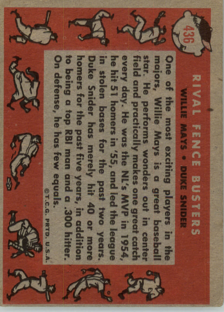 1958 Topps #436 Rival Fence Busters/Willie Mays/Duke Snider - VG-EX