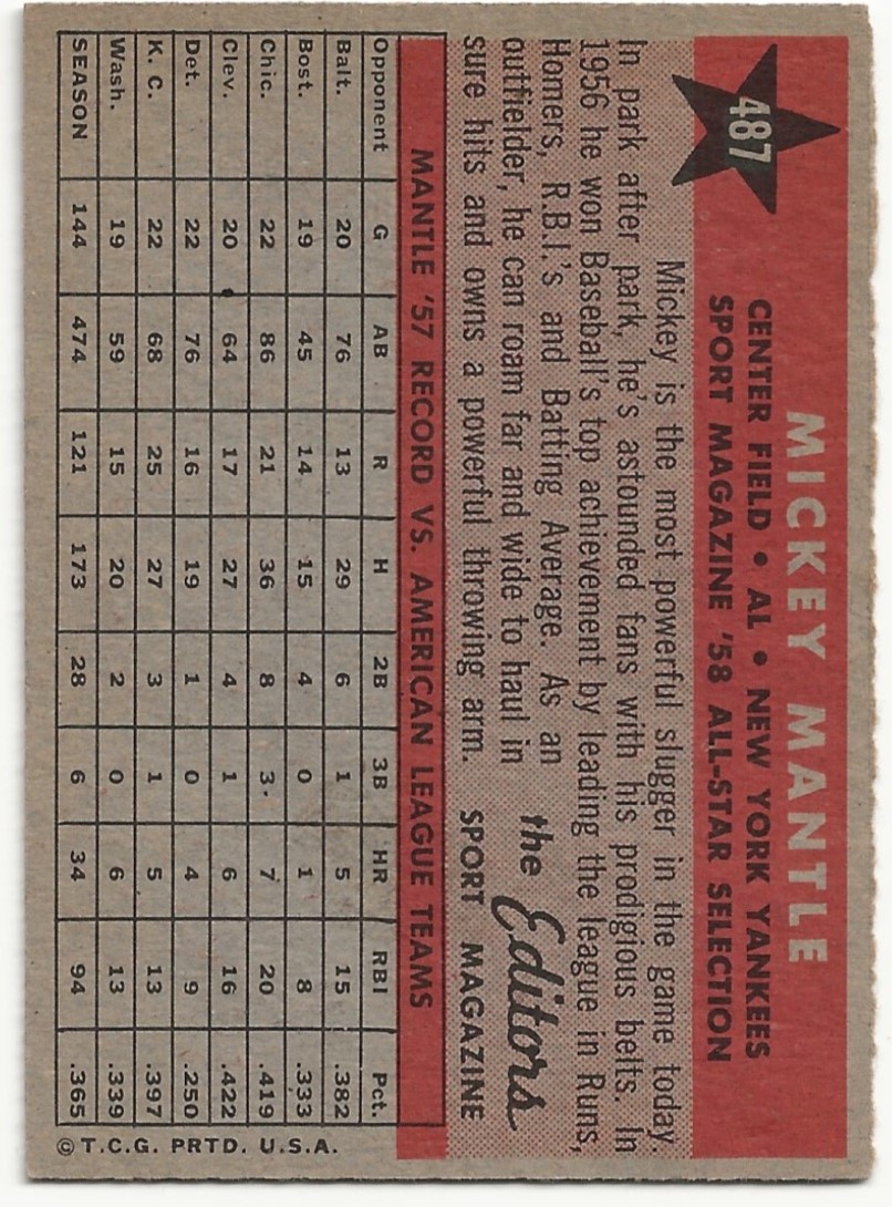 1958 Topps #487 Mickey Mantle AS TP - EX