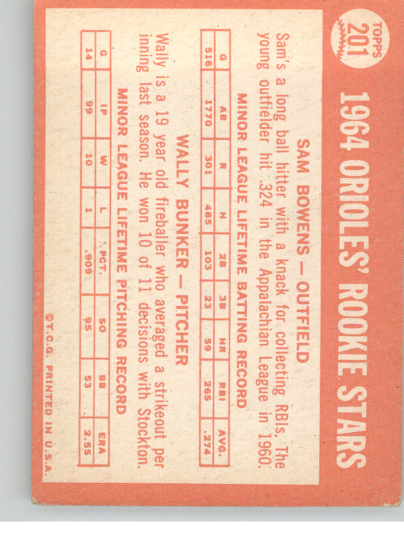 1964 Topps #201 Rookie Stars/Sam Bowens RC/Wally Bunker RC - VG-EX ...