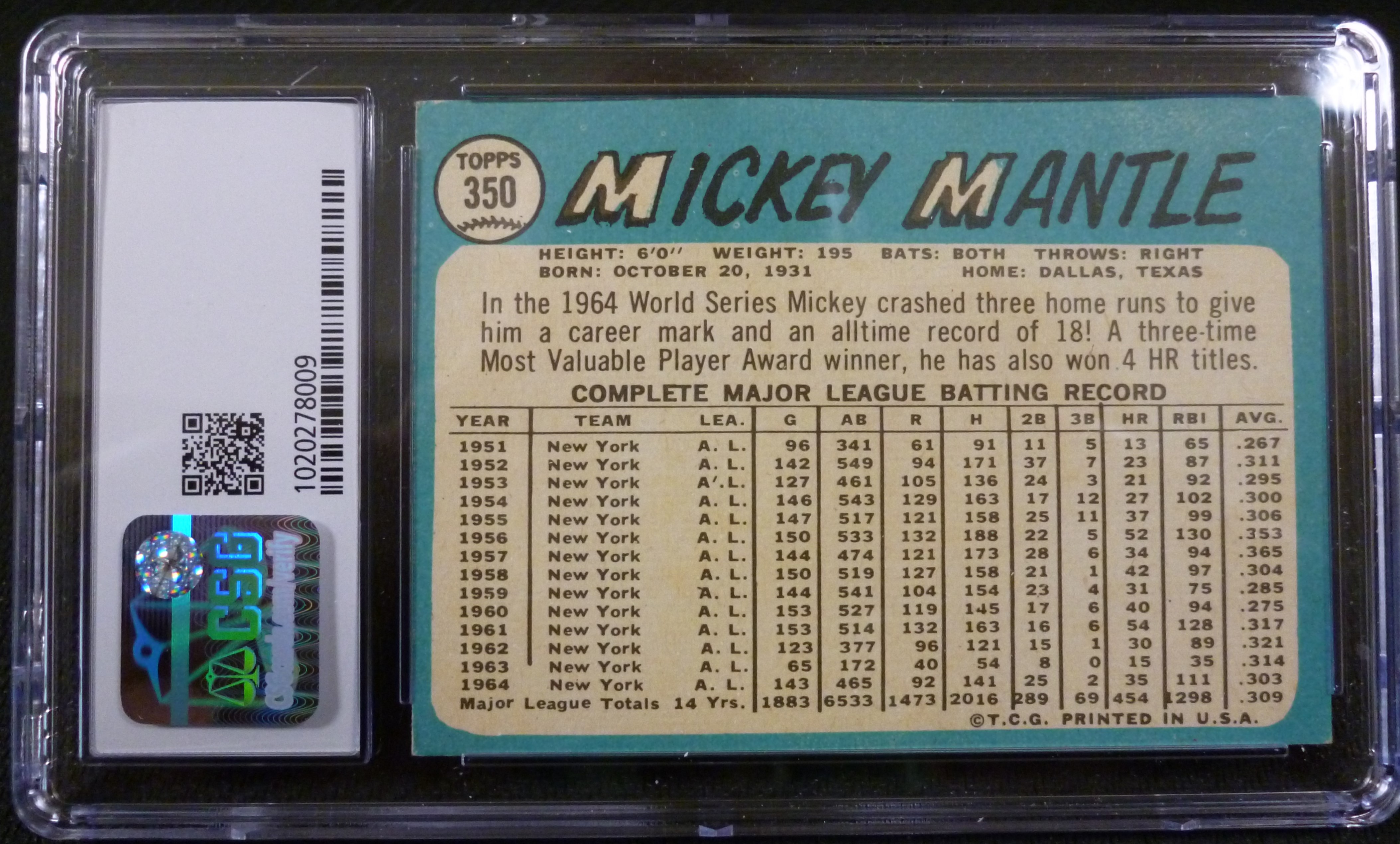 1965 Topps #350 Mickey Mantle - ACTUAL CARD PHOTO CSG Grade 5 EX - EX