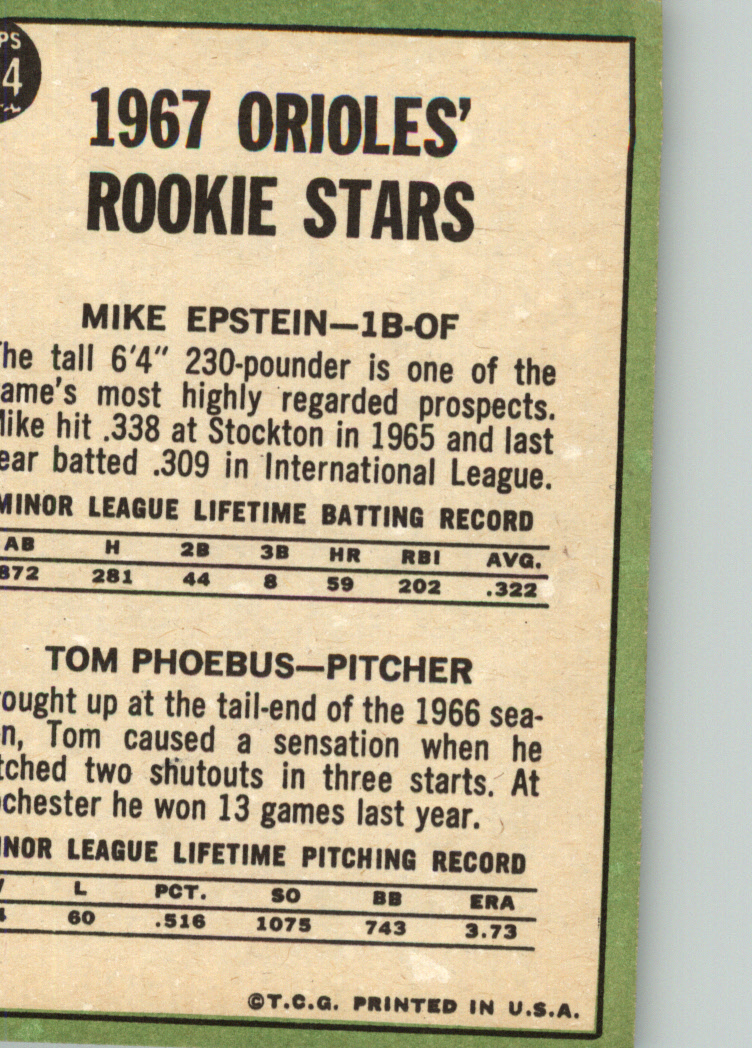 1967 Topps #204 Rookie Stars/Mike Epstein RC/Tom Phoebus RC - EX - Card ...