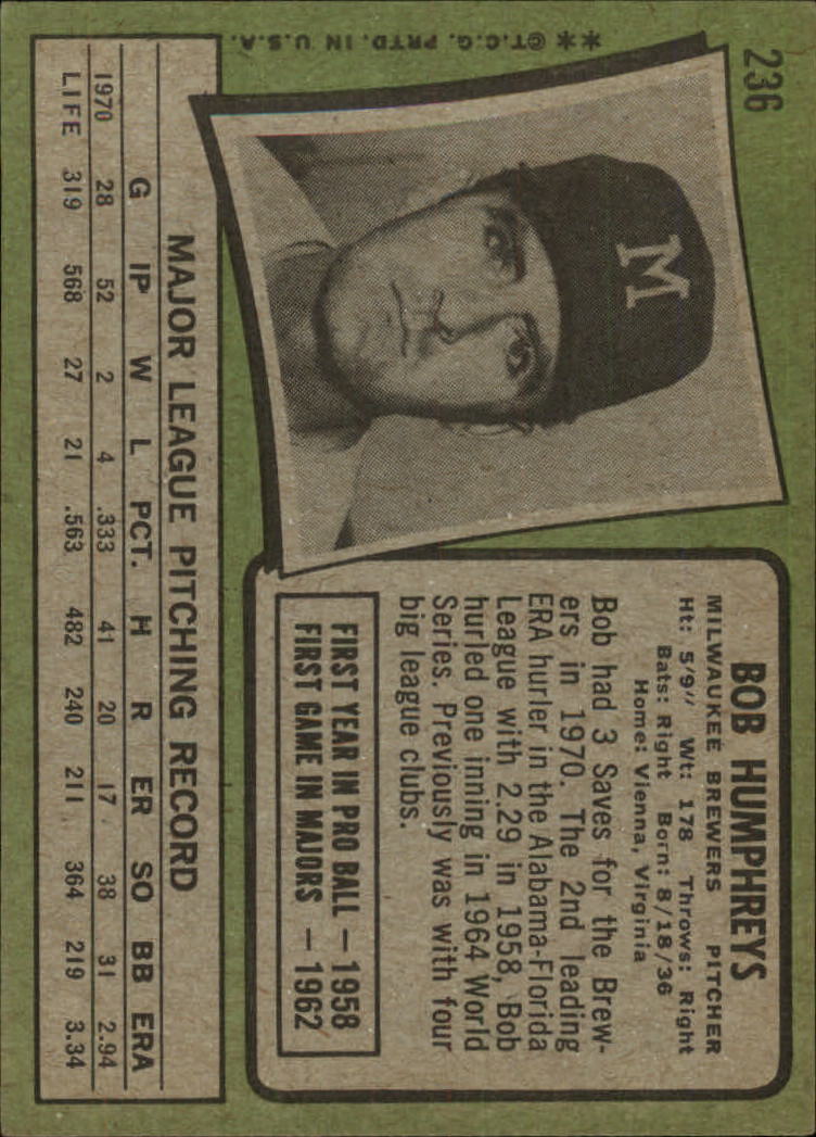 1971 Topps #236 Bob Humphreys - EX - Card Shack | Beckett Marketplace