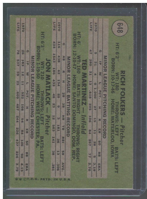 1971 Topps #648 Rookie Stars/Rich Folkers RC/Ted Martinez RC/John Matlack RC SP - A4996 - NM