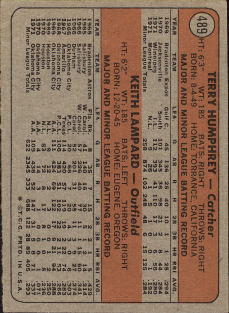 1972 Topps #489 Rookie Stars/Terry Humphrey RC/Keith Lampard - VG