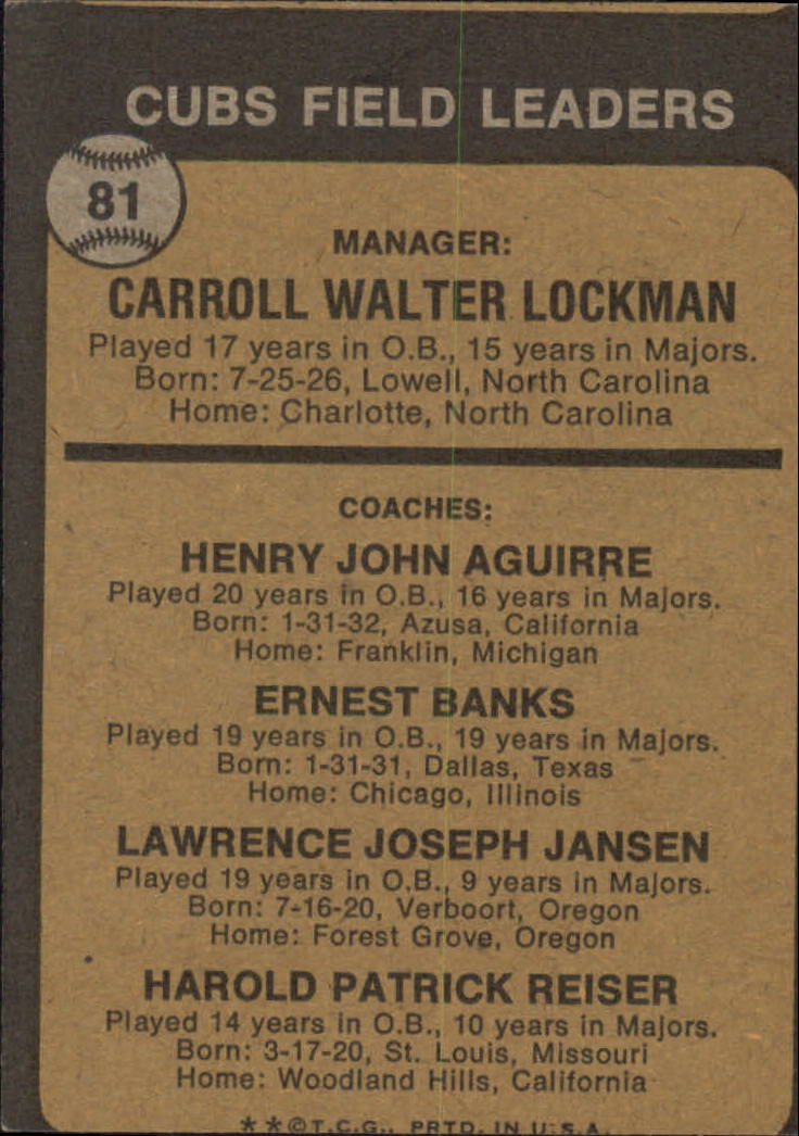 1973 Topps #81B Whitey Lockman MG/Hank Aguirre CO/Ernie Banks CO/Larry ...