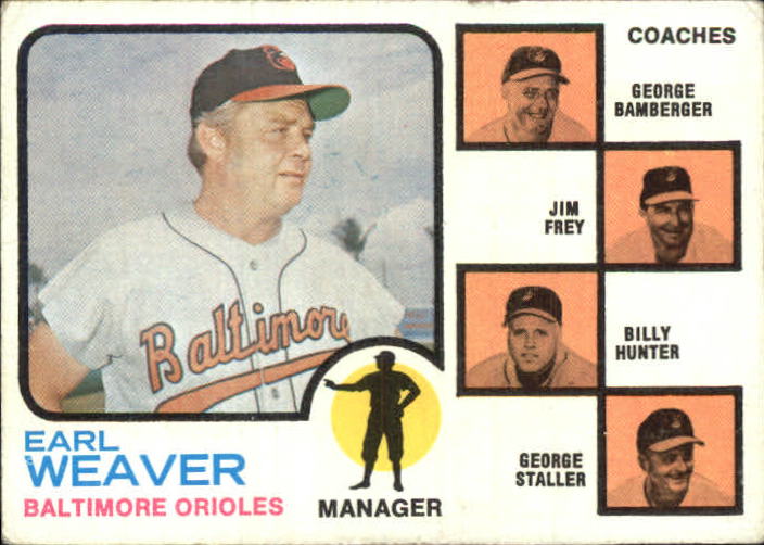 1973 Topps #136B Earl Weaver MG/George Bamberger CO/Jim Frey CO/Billy ...