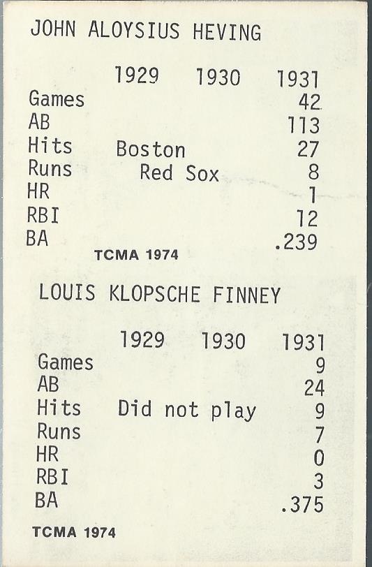 1974 A's 1929-31 TCMA #10 Lou Finney/John Heving - NM