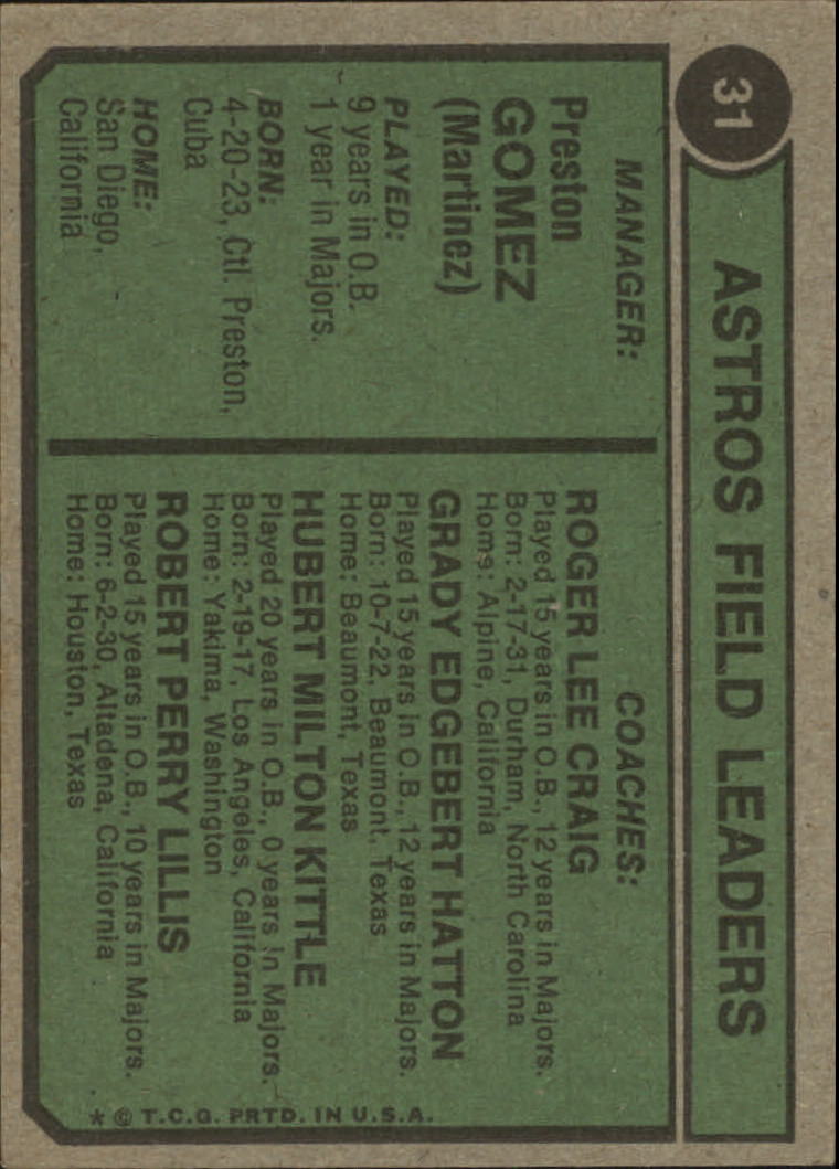 1974 Topps #31 Preston Gomez MG/Roger Craig CO/Hub Kittle CO/Grady ...