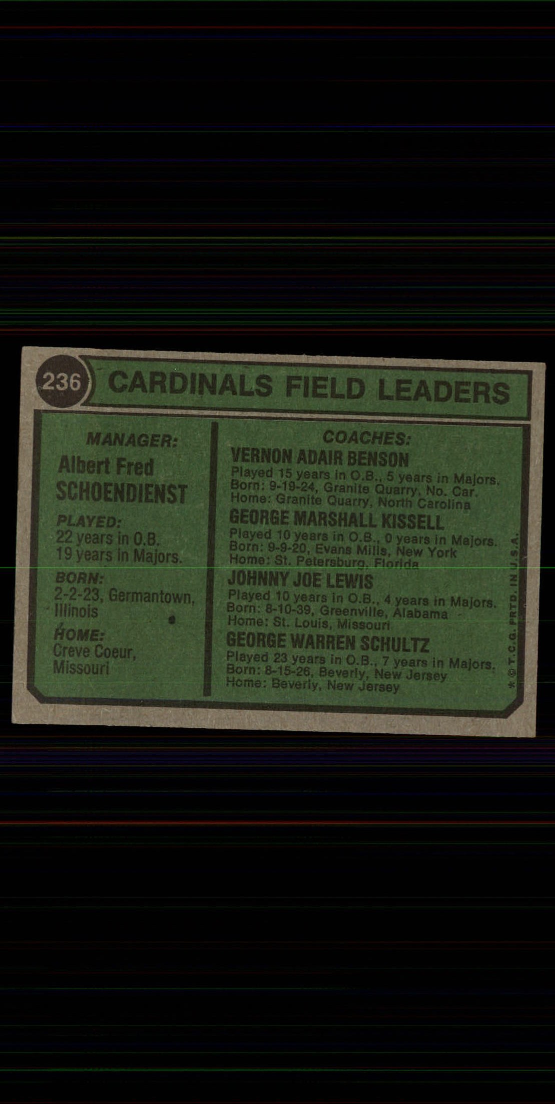 1974 Topps #236 Red Schoendienst MG/Barney Schultz CO/George Kissell CO ...