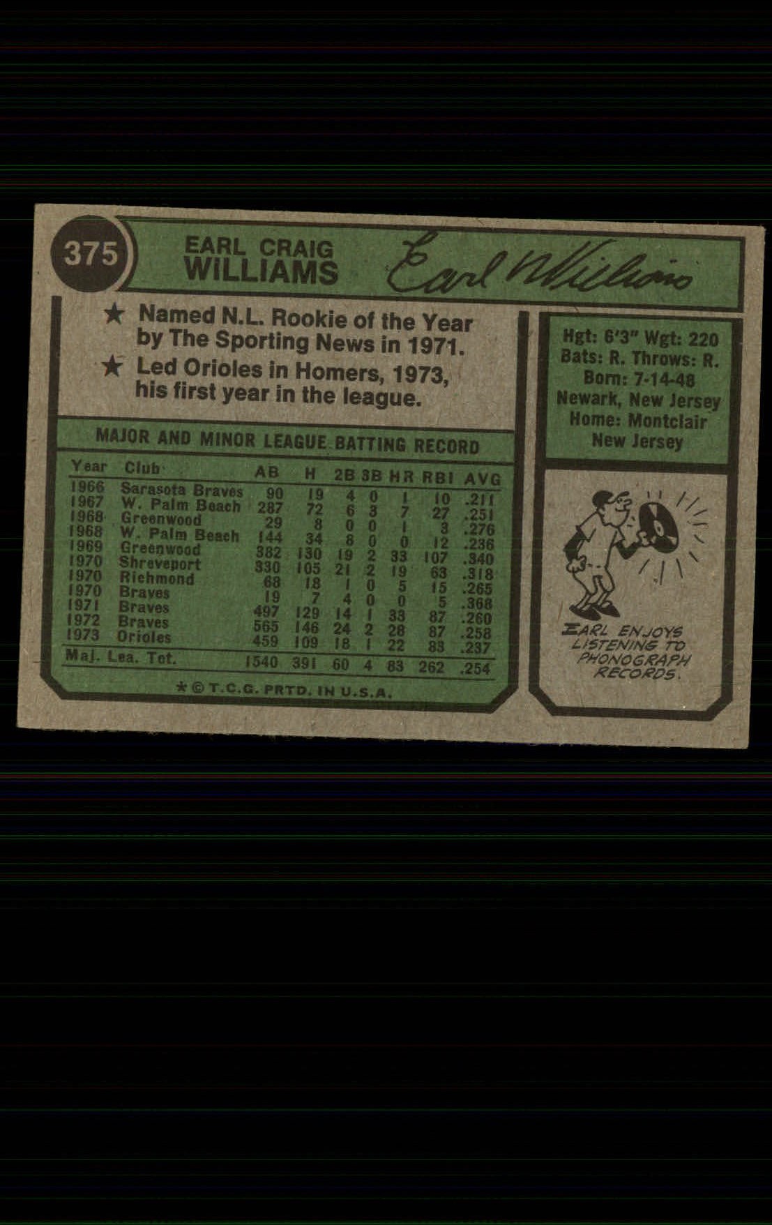 1974 Topps #375 Earl Williams - EX