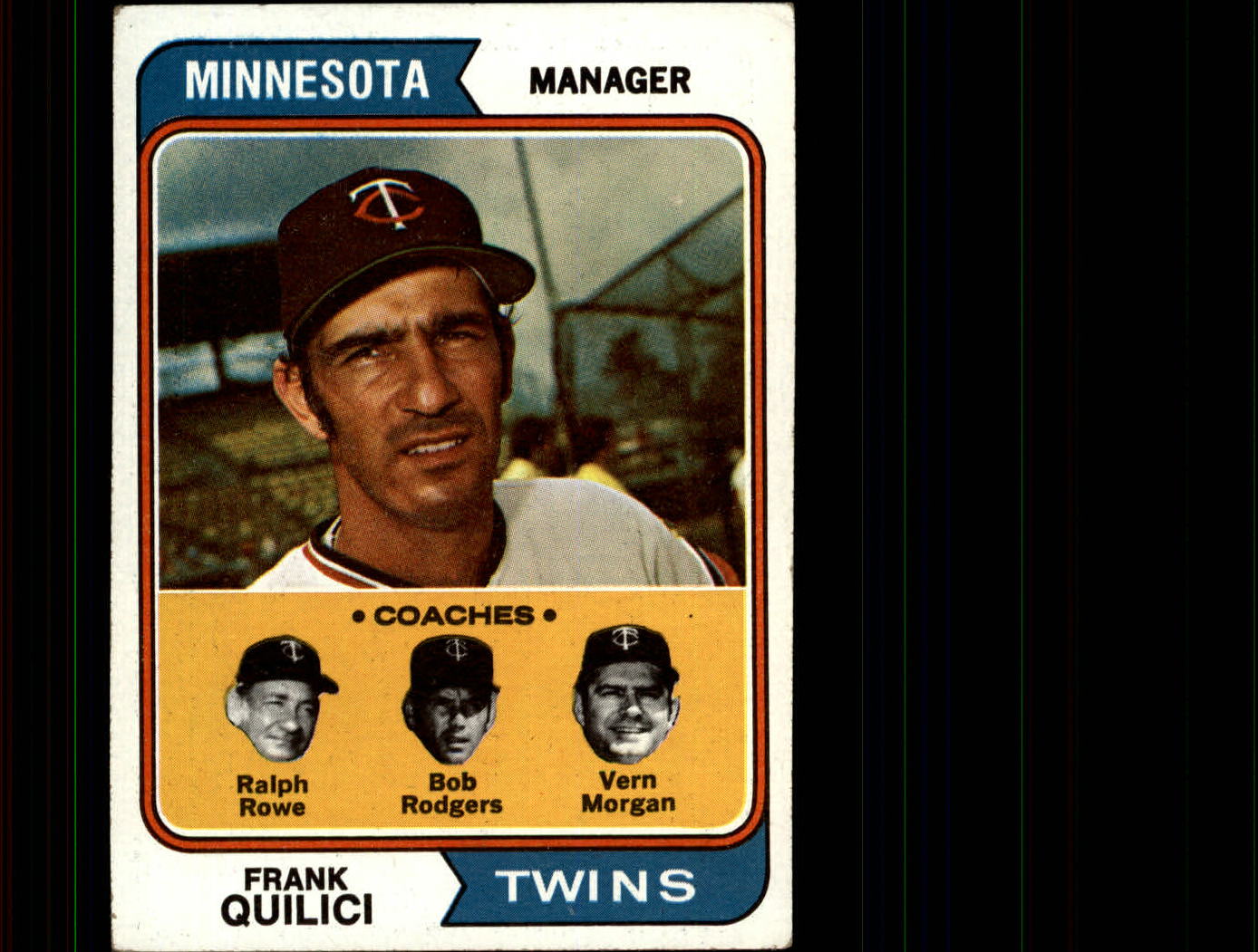 1974 Topps #447 Frank Quilici MG/Ralph Rowe CO/Bob Rodgers CO/Vern ...