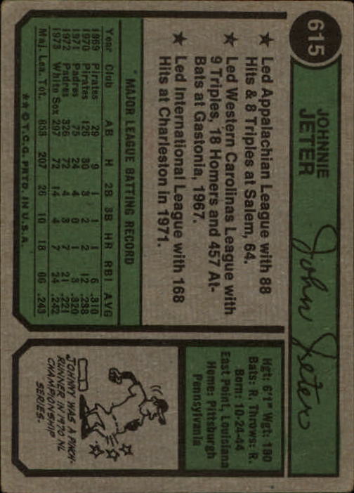 1974 Topps #615 Johnny Jeter UER/Misspelled Johnnie/on card back - GOOD ...