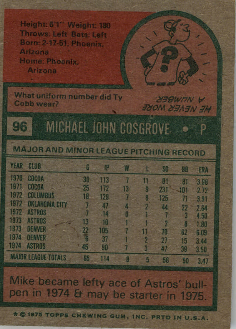 1975 Topps #96 Mike Cosgrove RC - VG