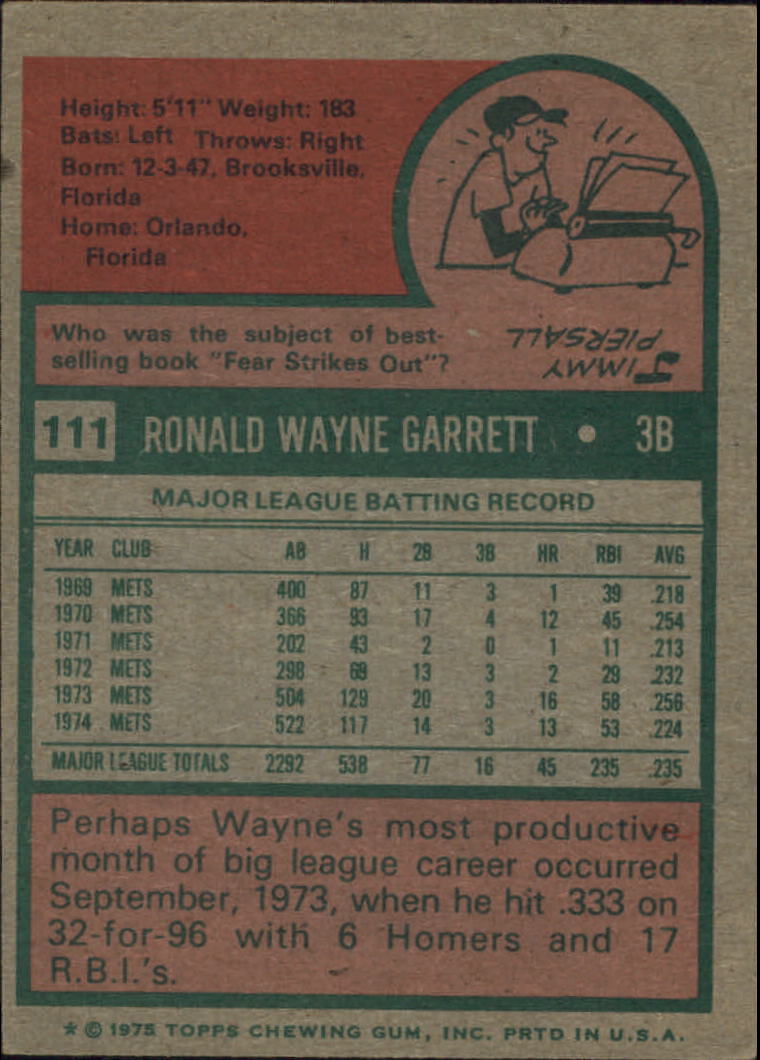 1975 Topps #111 Wayne Garrett - VG