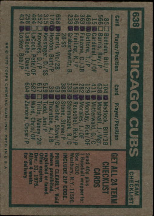 1975 Topps #638 Chicago Cubs CL/Jim Marshall MG - VG