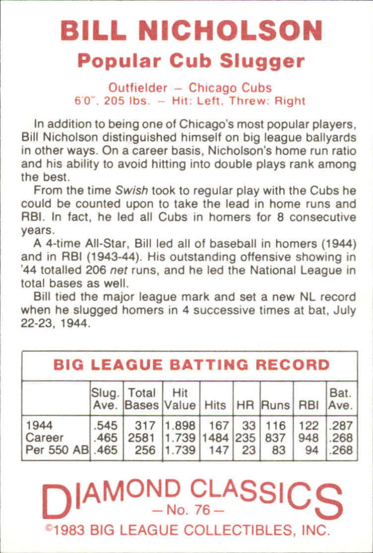 1982-83 Diamond Classics #76 Bill Nicholson - . Oversized. - NM-MT