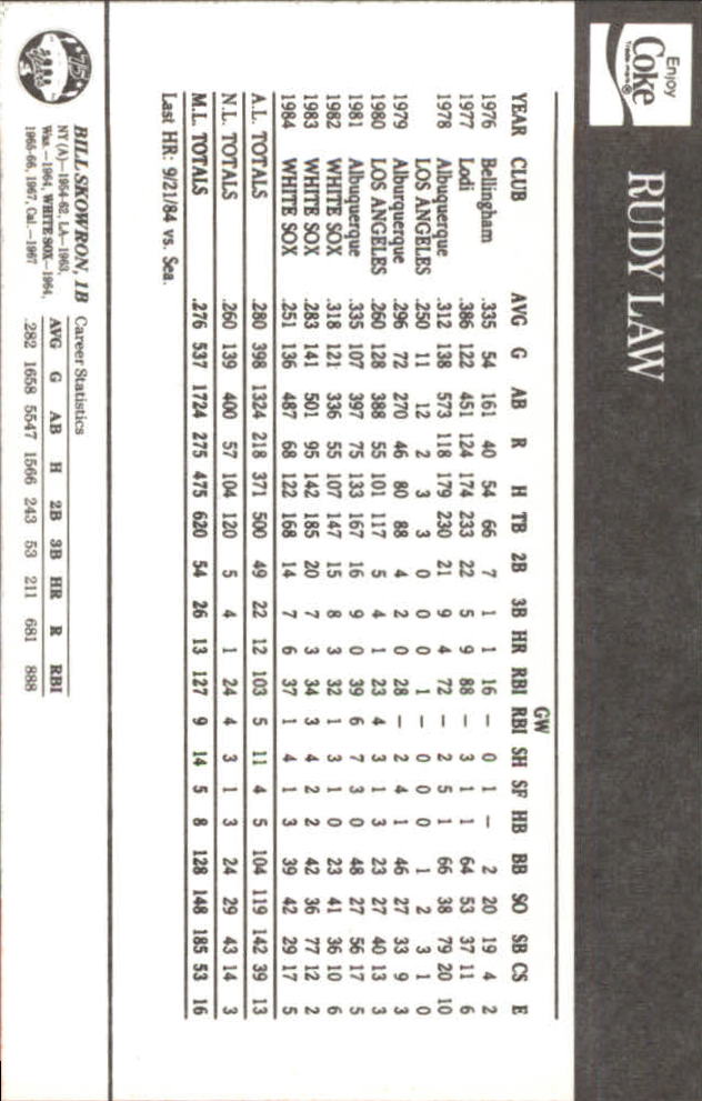 1985 White Sox Coke #23 Rudy Law/Bill Skowron - NM