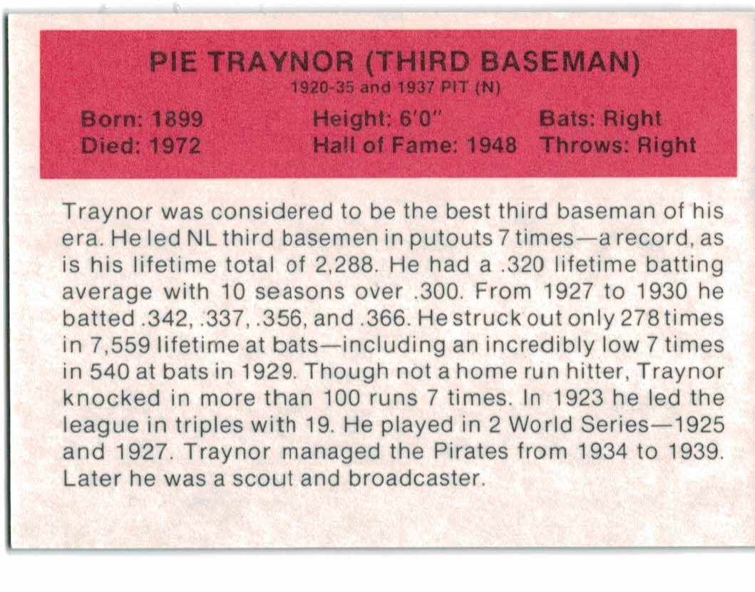 1987 Hygrade All-Time Greats #NNO Pie Traynor - NM-MT - The Dugout ...
